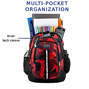 FUEL Large Multipocket Unisex Backpack with Water Resistant Bottom for Class, Travel, and Outdoors - Red Camouflage