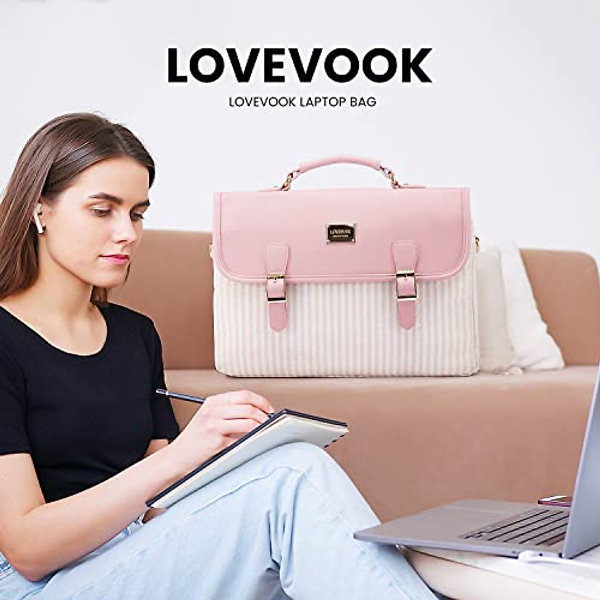 LOVEVOOK Computer Bag Laptop Bag for Women Cute Laptop Messenger Bag for Work College,Pink Stripes