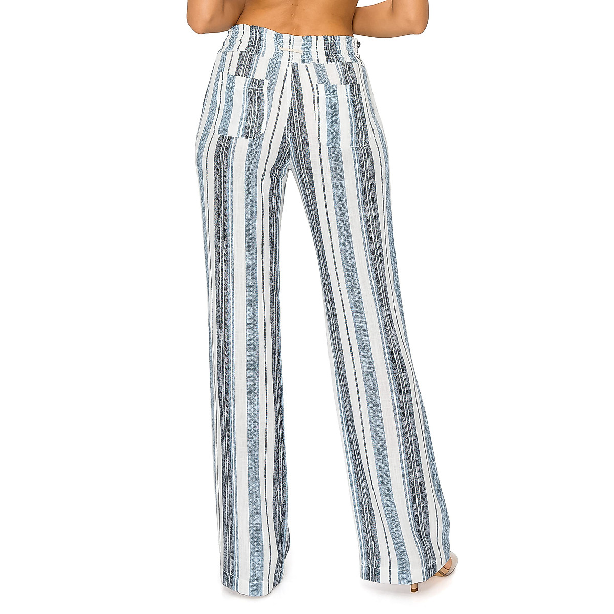 Cali1850 Women's Casual Linen Pants 32" Inseam Oceanside Drawstring Smocked Waist Lounge Beach Pants with Pockets Navy Ivory Large