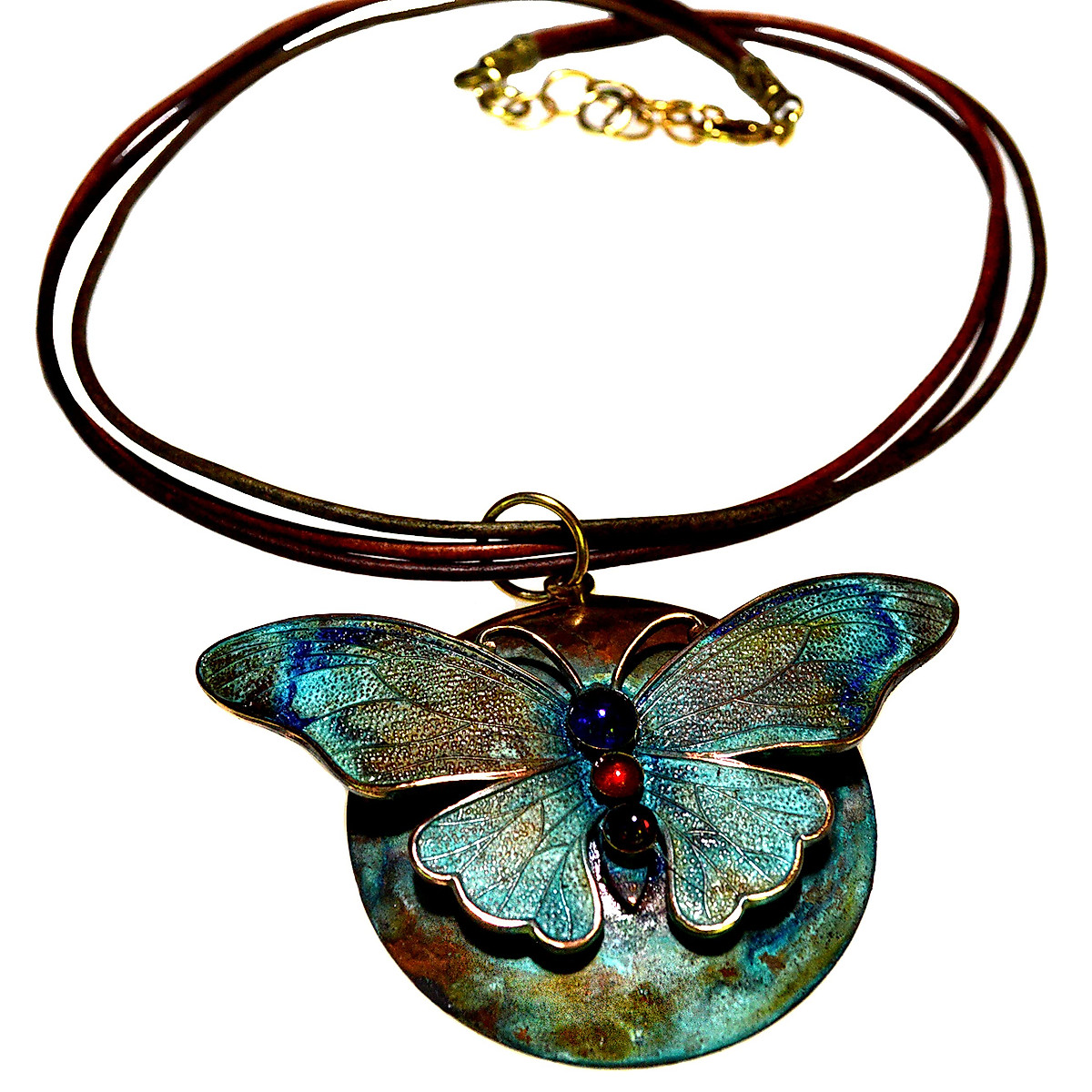Elaine Coyne Verdigris Patina Solid Brass Sculptural Butterfly Pendant - Amethyst, Carnelian, Garnet