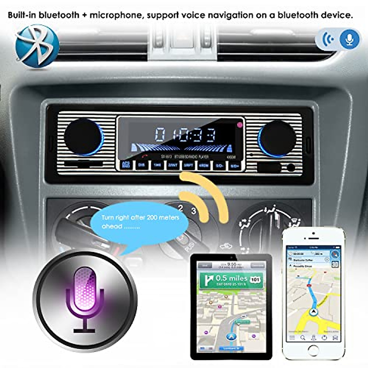 RuiFuDio Classic Bluetooth Car Stereo,Single Din Bluetooth Audio and Hands-Free Calling,Built in Microphone,FM Radio Receiver with USB,AUX in,SD Card Port,Wireless Remote Control,Clock Display,60W× 4