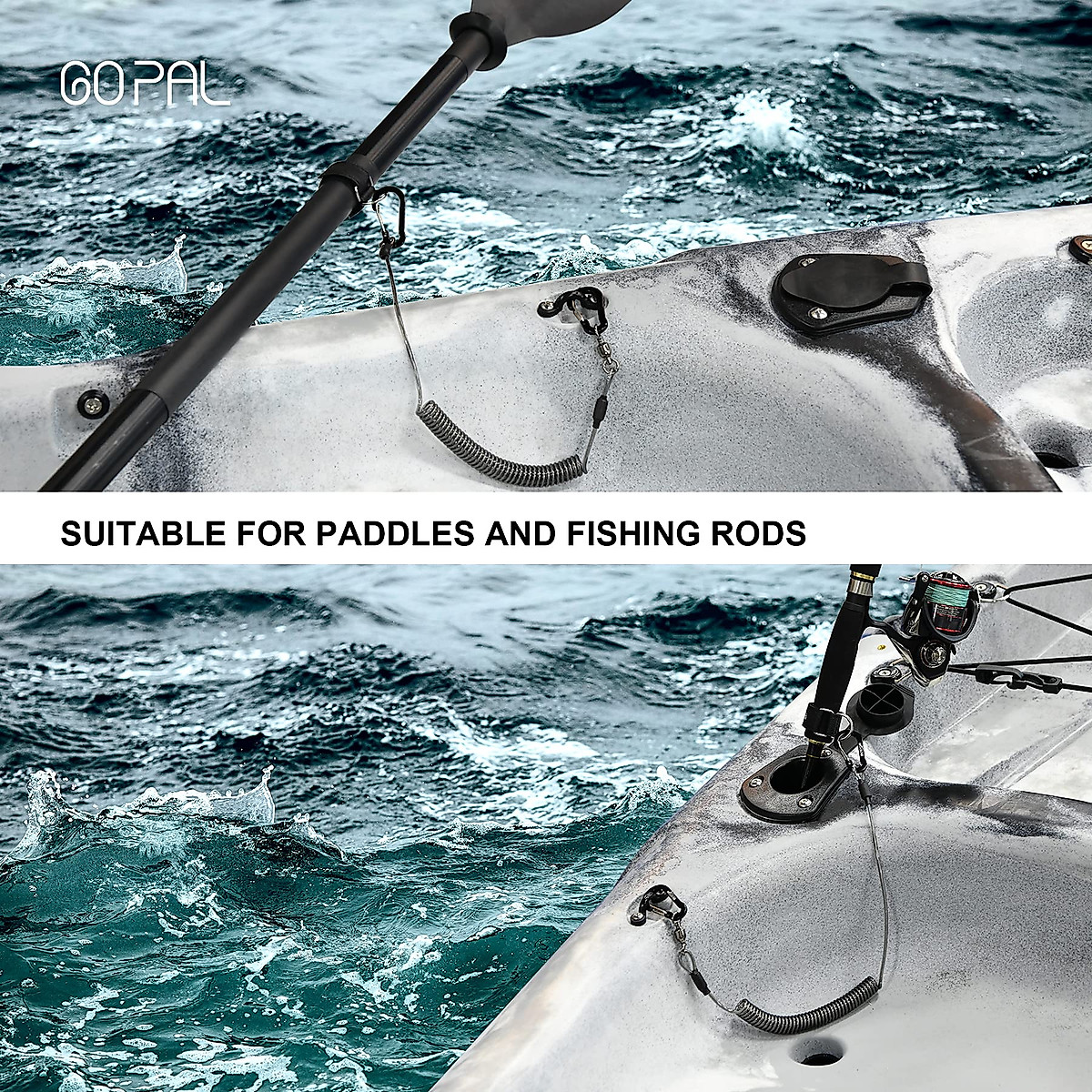 Go Pal PS1 Heavy Duty Kayak Paddle Leash, Retractable Fishing Rod Tether with 5.9" Belt, Paddle Board Fishing Accessories, Pole Straps, Fishing Lanyard Stretches to 79", 2 Pack