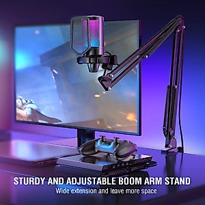 FIFINE Gaming PC Microphone with Boom Arm for Computer Bundle, RGB Mic with Mute Button for Streaming Online Chat Gamer Youtuber Set-AmpliGame (A6T+U1)