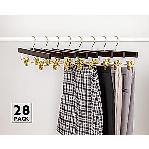 HUMIA 28 Pack Walnut Wooden Pants Hangers with Gold Hook, Solid Wood Skirt Hanger Trousers Bottom Hangers with 2 Adjustable Gold Clips, Clothes Hanger for Jeans, Shorts, Slacks (Walnut, 28)