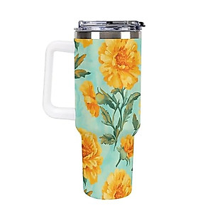 Yellow Flowers Marigolds Insulated Tumblers with Handle Stainless Steel Coffee Mug Funny Travel Cup with Lid Straw 40oz