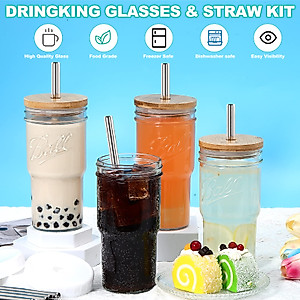 RAIBEATTY 4 Pack Glass Cups,22oz Drinking Glasses with Bamboo Lids Straws & Airtight Lids,Reusable Boba Cup Bubble Tea Cup Glass Tumbler,Iced Coffee Glasses,Wide Mouth Smoothie Cups