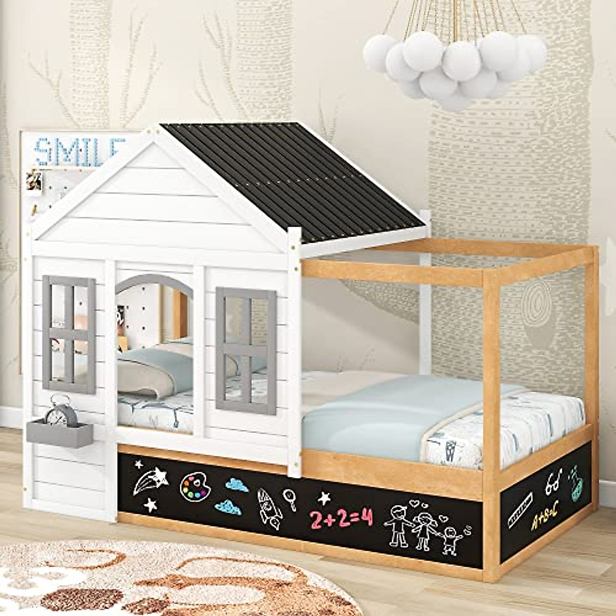 CKLMMC Twin Size House Shaped Canopy Bed with Black Roof and White Window,Blackboard Little Shelf, Wood Platform for Kids, Teens, Girls & Boys, Can Be Decorated (White#Canopy*H), House Canopy Bed