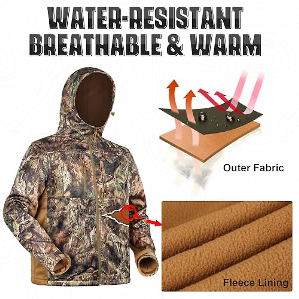 HUNT MONSTER Silent Hunting Clothes for Men, Safety Strap Compatible Hunting Jacket and Pants with Fleece Lining, Quiet, Winter Warm, Water Resistant and Insulated(XL)