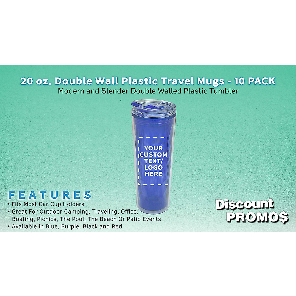 Personalized 20 oz. Double Wall Plastic Travel Mugs - 10 Pack - Custom Text, Logo - Blue