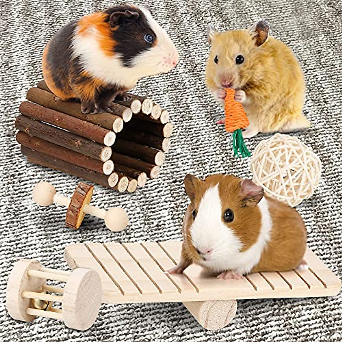 BBjinronjy Hamster Chew Toys Set Small Animal Molar Toys Teeth Care Wooden Accessories for Guinea Pigs,Chinchillas,Gerbils,Mice,Rats,Mouse Rodents Toy Swing Seesaw Bridge (Wood)