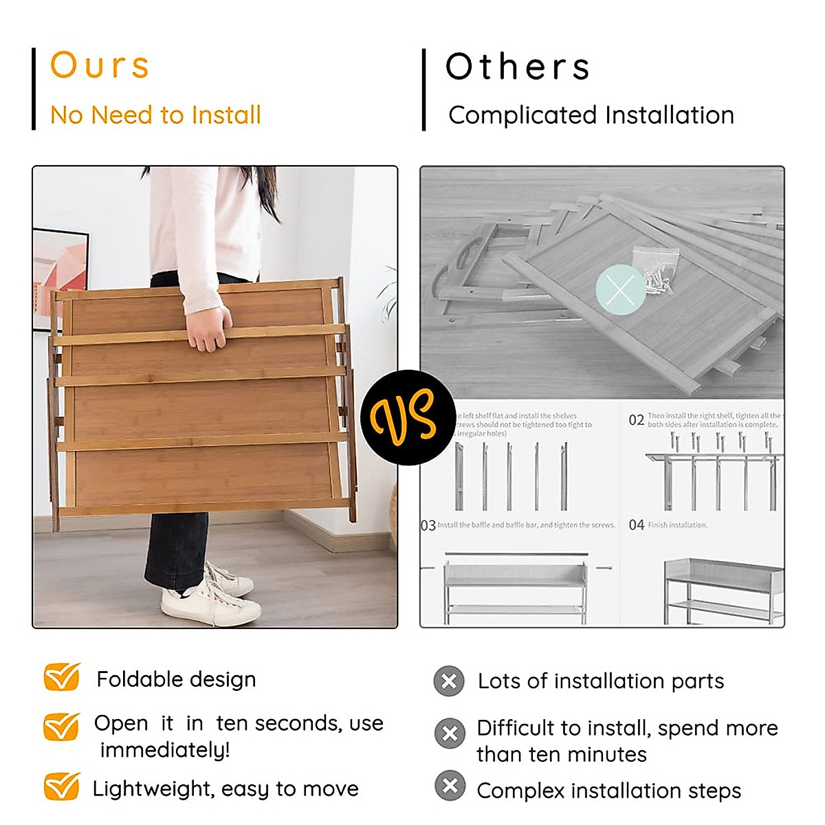 Small 3-Tier Shoe Rack for Closet & Entryway, Installation-Free Foldable Bamboo Shoes Storage Organizer, Sturdy Free Standing Three Shelf Shoe Stand for 6-9 Pairs, Brown 20x18x9 Inches