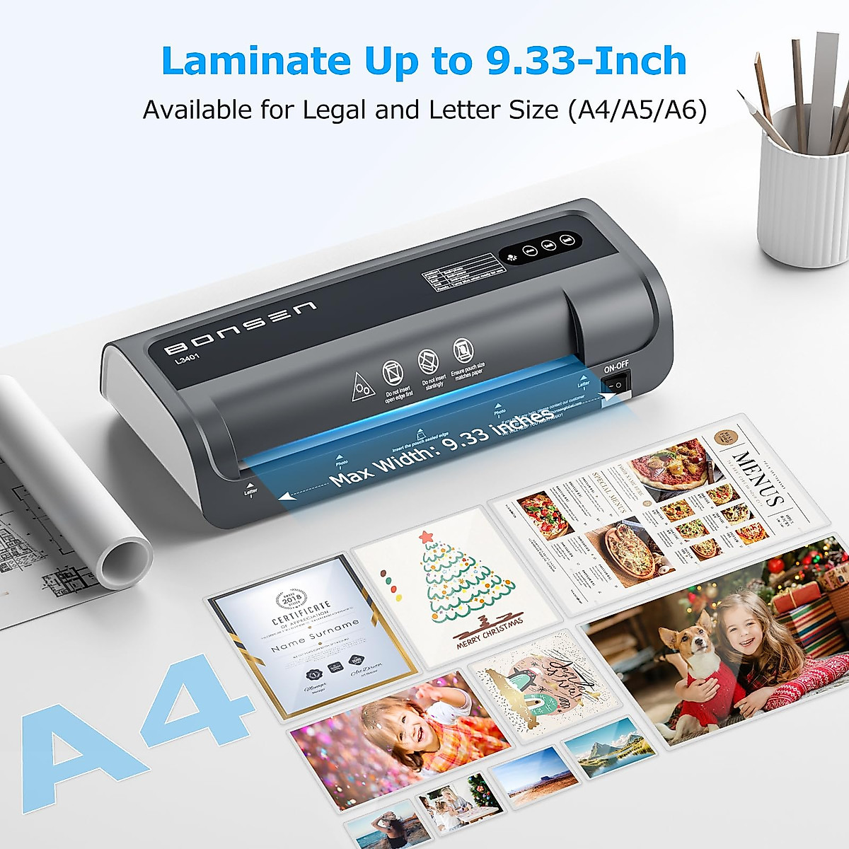 BONSEN Laminator Machine with Laminating Sheets 20 Pouches, 9-Inch Thermal Laminator for Home Office School Use, Personal 4-in-1 A4 Hot Cold Laminating Machine with Paper Trimmer and Corner Rounder