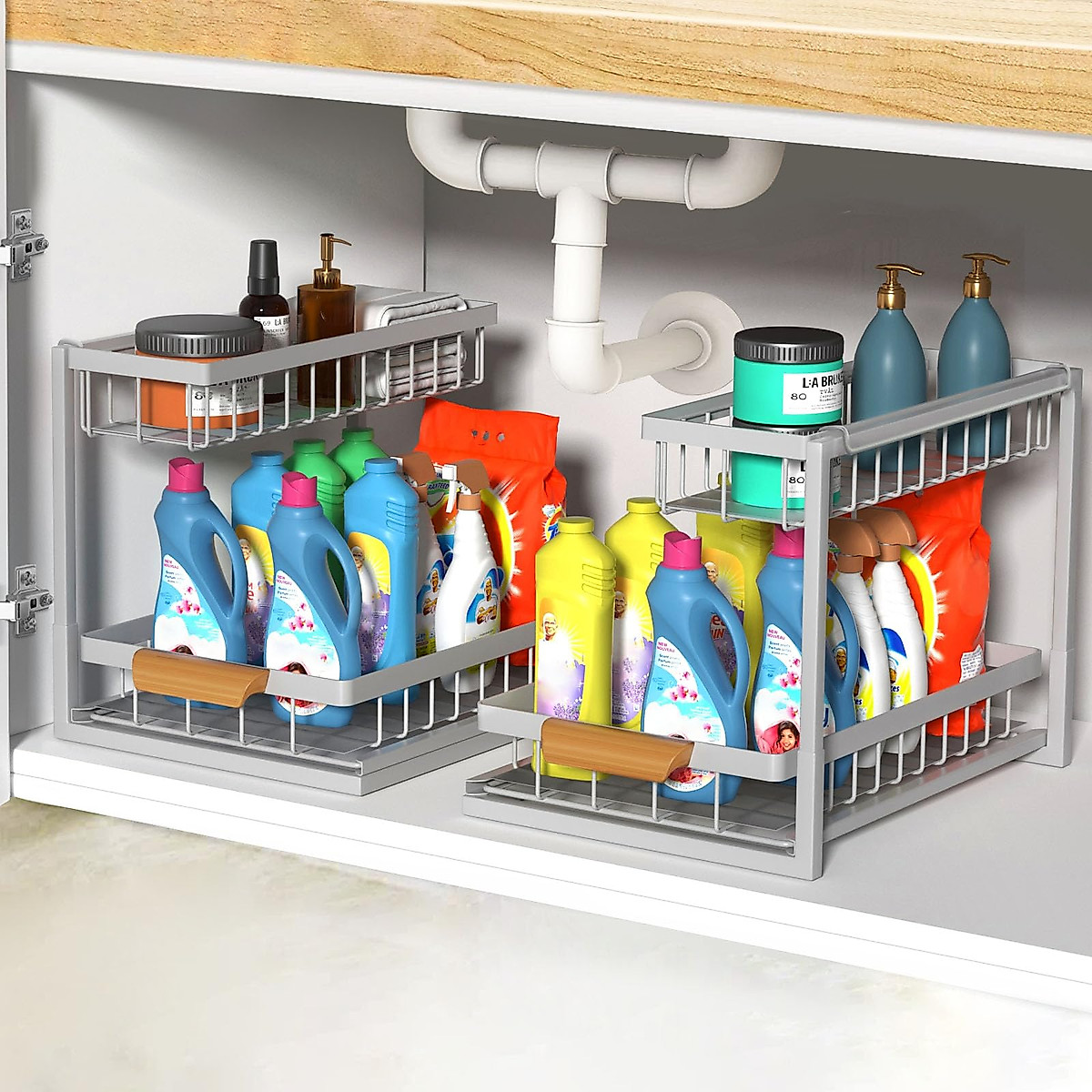 2 Pack Under Sink Organizer,Metal Pull Out Kitchen Cabinet Organizer with Sliding Drawer,Sturdy Multi-functional for Bathroom Organization,Silver