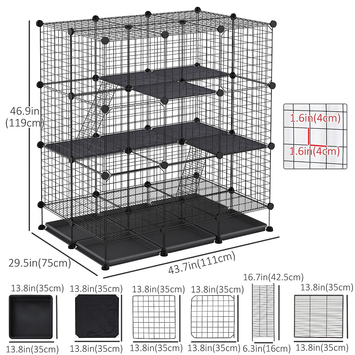 PawHut Small Animal Playpen C&C Cage Wire Bunny Pen for Kitten, Chinchillas, with Doors, Ramps and Trays, Black