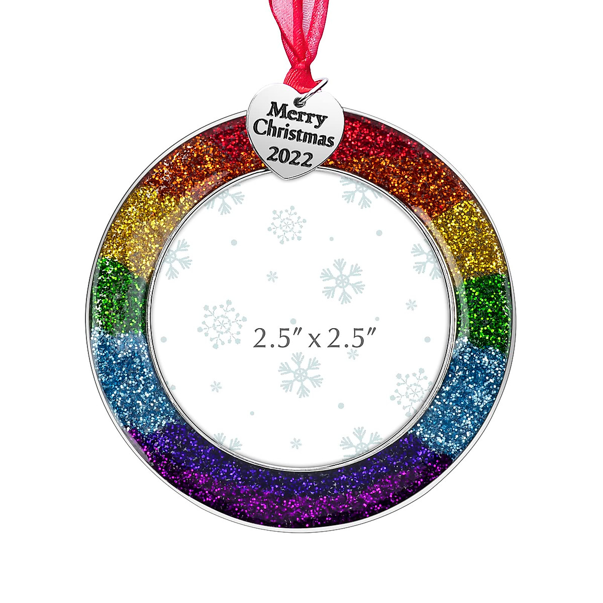 2022 Christmas Tree Ornaments - Made of Zinc Alloy Glitter Powder Pendant 2.5x2.5 Inch Picture Frame for Pet and Baby Holiday Keepsake Gift (Rainbow)