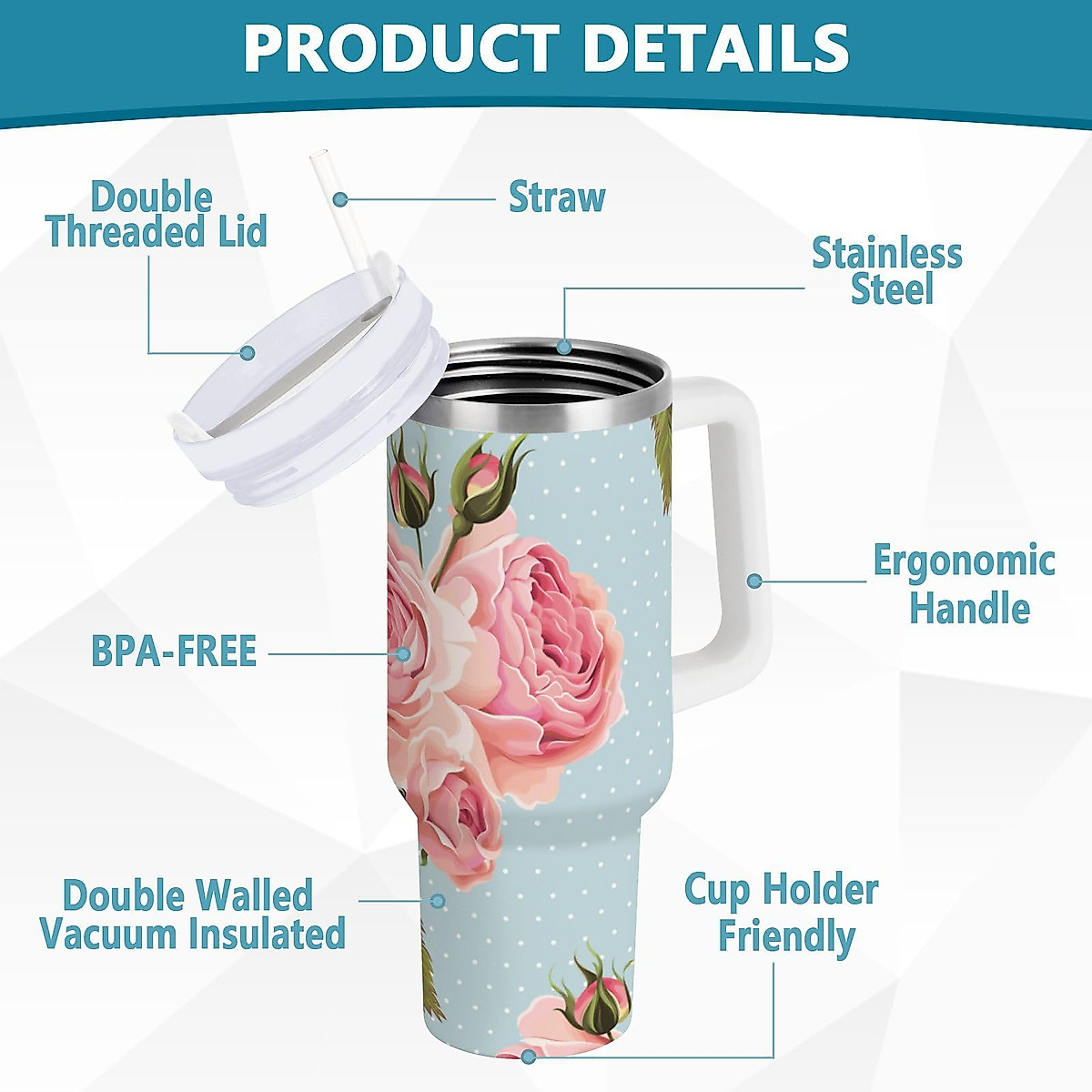Adornlife Flower Rose 40 oz Tumbler with Handle and Straw Lid, 100% Leak-proof Travel Coffee Mug, Stainless Steel Insulated Cup For Beverages, Cupholder Friendly