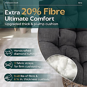Bme 40" Ergonomic Wicker Papasan Chair with Soft Thick Density Fabric Cushion, High Capacity Steel Frame, 360 Degree Swivel for Living, Bedroom, Reading Room, Lounge, Onyx Stone - Brown Base