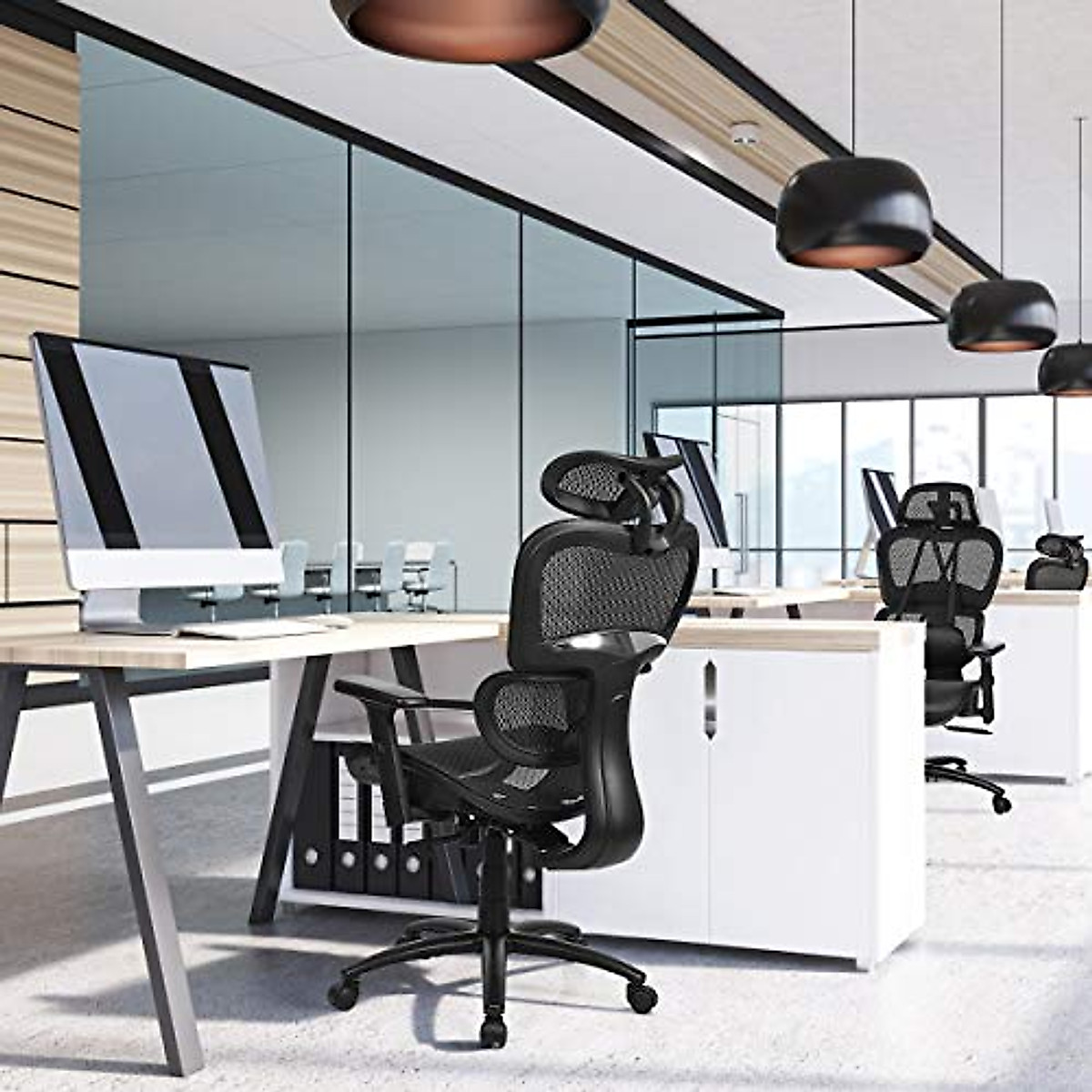 POWERSTONE Ergonomic Office Chair - High Back Computer Chairs with Adjustable Headrest Armrests and USB Massage Lumbar Support Gaming Chair 140°Reclining Breathable Mesh Back