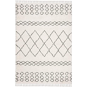 SAFAVIEH Moroccan Fringe Shag Collection 5'3" x 7'6" Ivory/Grey MFG343A Boho Tribal Non-Shedding Living Room Bedroom Dining Room Entryway Plush 2-inch Thick Area Rug
