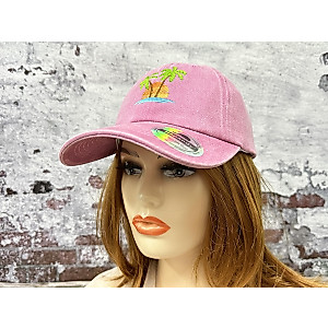 Hepandy Embroidered Palm Tree Hat for Women, Washed Pink Baseball Cap Snapback Hat for Girls, Outdoor Travel Denim Dad Hat Trucker Hat