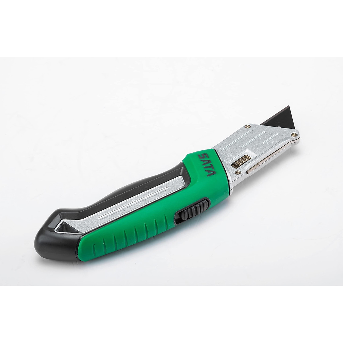 SATA T-Series Folding Utility Knife with Easy-Access Blade Storage in the Body and a Green Dual Material Handle - ST93486