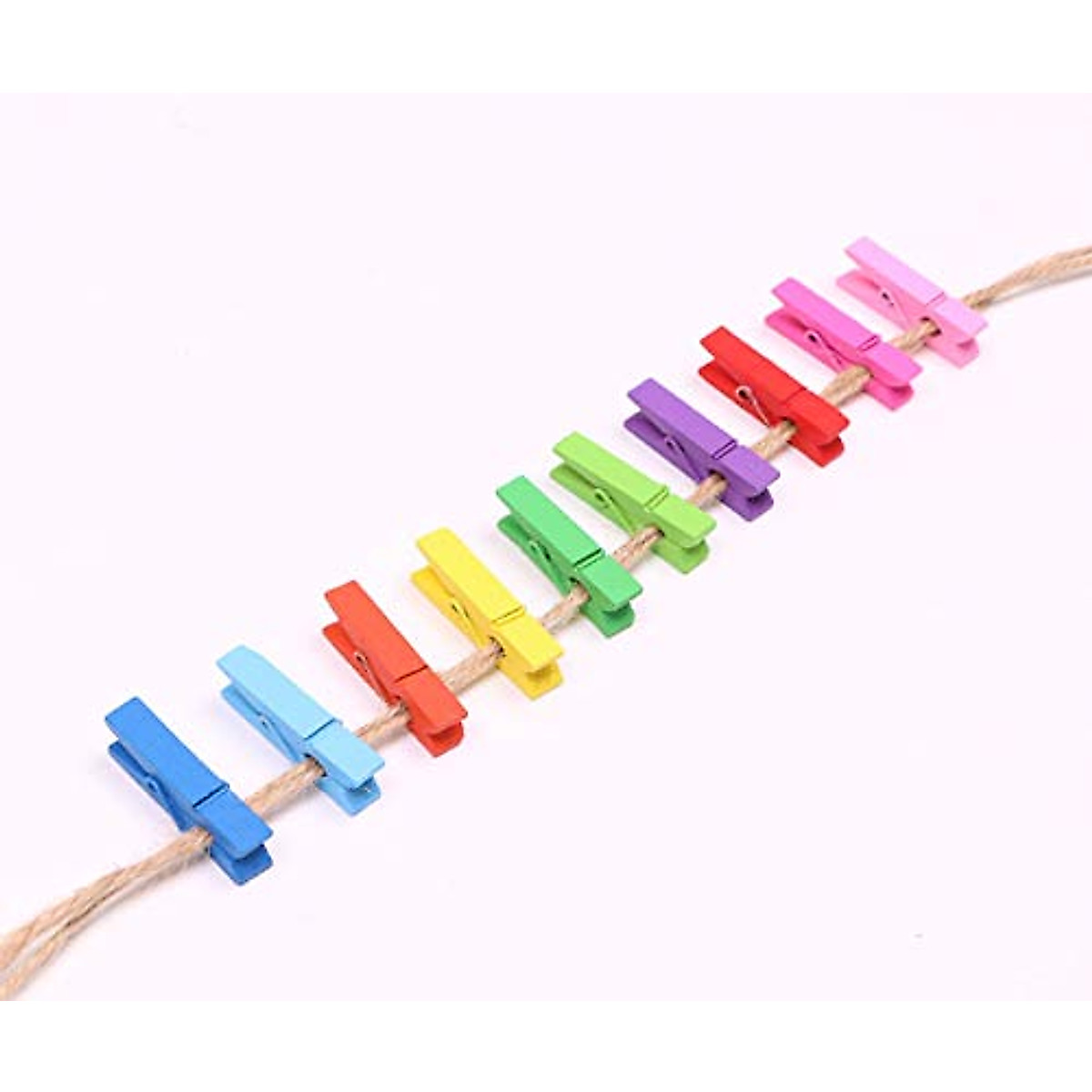 Penta Angel 120PCS Mini Bright Colored Spring Natural Wooden Clothespins Photo Paper Peg Pin Craft Clips with Twine
