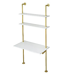 MAIKAILUN White and Gold Desk, 36" Ladder Desk, Wall Mount Computer Writing Table Pipe Shelf Shelving Mini Narrow Industrial Modern for Small Spaces(36x20x81)