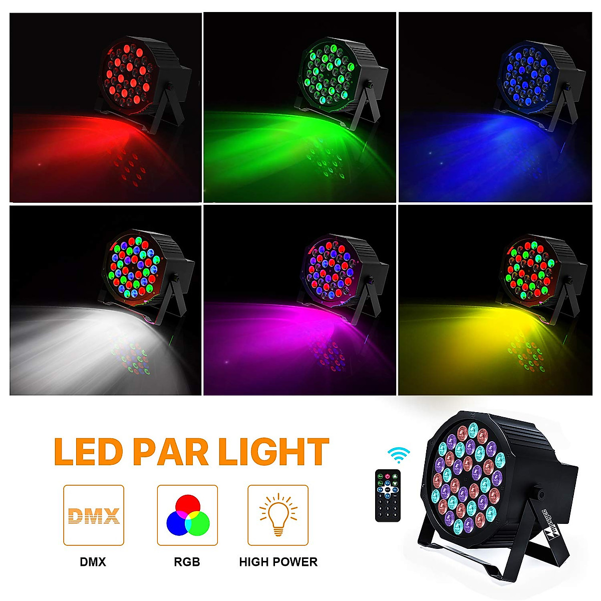missyee 36 RGB LED DJ Stage Uplight -DMX Control Sound Activated with Remote Control and 9 Modes LED for Wedding, Events, Christmas and Halloween Music Disco Party -R&D in USA -4 Pack