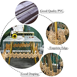 Jeloris Plastic Clear Rectangle Tablecloth Vinyl PVC Waterproof Tablecloth Embroidered Lace Edge Transparent Table Cover for Kitchen Dining Coffee Table (43x62 inch, Brown)