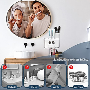 Toothbrush Holder Wall Mounted, WEKITY Multi-Functional Toothbrush and Toothpaste Dispenser for Bathroom, with 5 Toothbrush Slots, 2 Toothpaste Squeezers and 4 Cups(Grey)