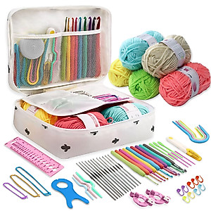 58 Pcs Crochet Set Kit, Crochet Kit for Beginners Adults, Travel Crochet Hook Case, Including Different Crochet Hooks and 5 Color Yarn Balls, Knitting Kit Crocheting Kit, Knitting and Crochet Supplies