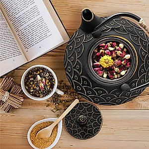 VUDECO 30oz Gold Black Japanese Cast Iron Teapot Kettle Set Loose Leaf Tea Pot For Loose Tea Cast Iron Kettle with Tea Infuser Japanese Tea Set Cast Iron Tea Kettle Japanese Tea Pot Wood Stove