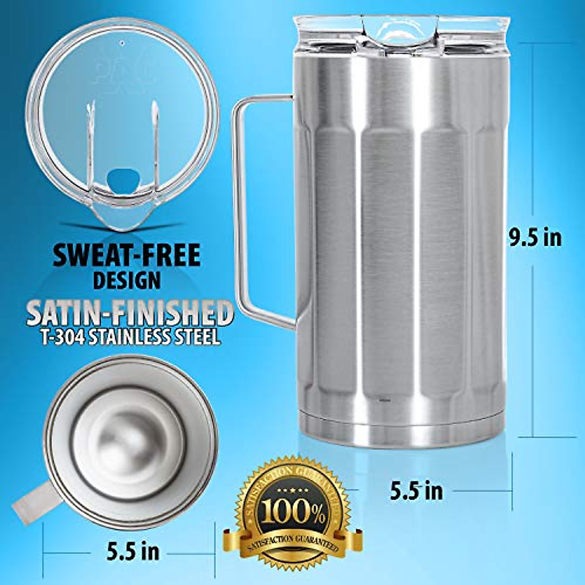 XPAC 84-Ounce Sweat-Free Beverage/Water Pitcher with Lid, Stainless Steel, Vacuum Insulated, Keeps Drinks Cold For Hours