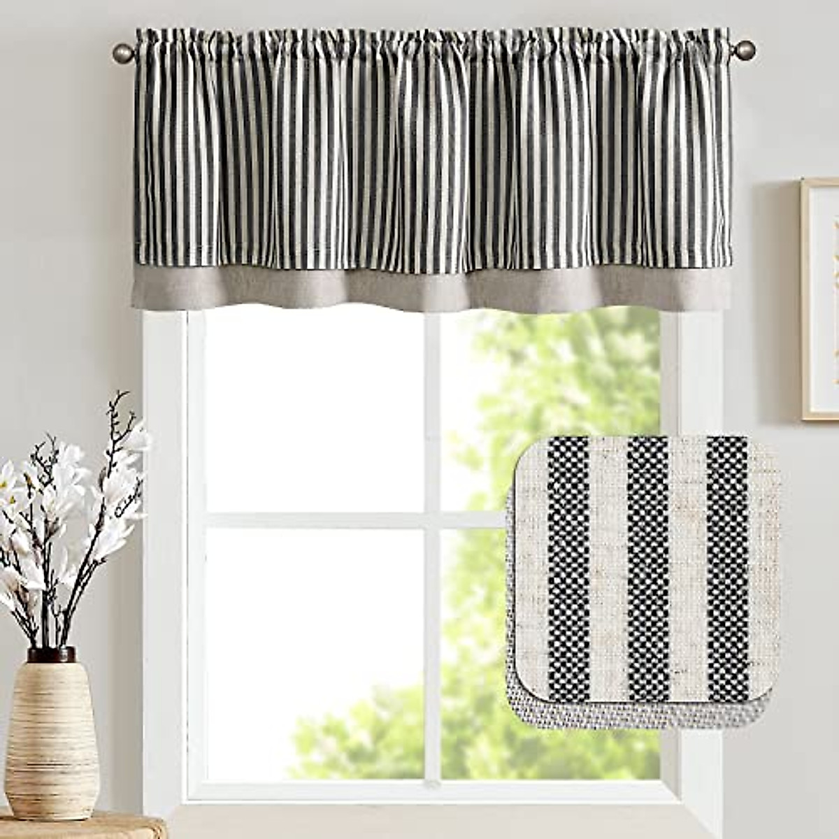jinchan Striped Valance Curtain Blackout Kitchen Valance for Windows Pinstripe Valance for Living Room 18 Inch Double Layer Farmhouse Window Valance Overlay Valance Rod Pocket 1 Panel Black on Beige