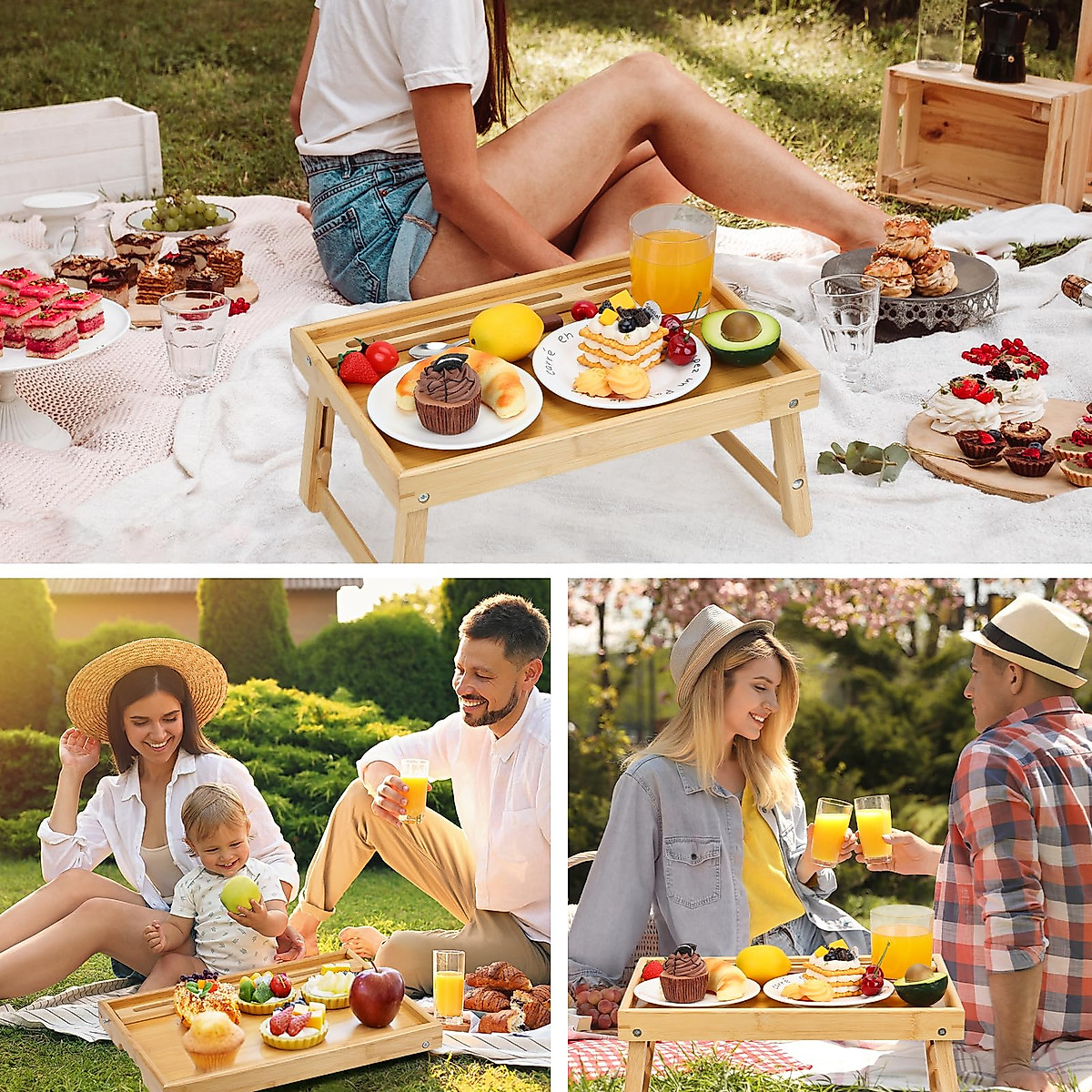 Moretoes 2pcs Bed Tray Table for Eating, Bamboo Breakfast Food Tray with Adjustable Folding Legs and Phone Holders for Sofa Laptop Desk Snack Tray