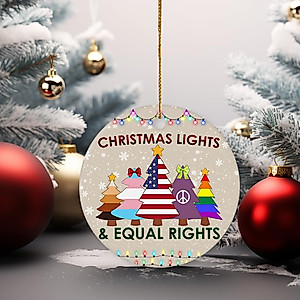 2023 Christmas Lights and Equal Rights Ceramic Ornament Christmas Tree, Minimalist Feminist Gift LGTBQ Patriotic USA Gay Pride, Womens Rights Holiday Decor, Pro Choice, Social Justice, Peace