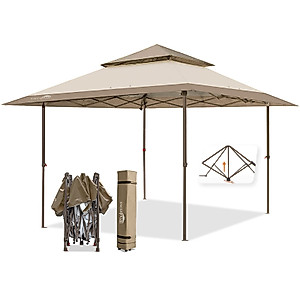 EAGLE PEAK 13x13 Straight Leg Pop Up Canopy Tent Instant Outdoor Canopy Easy Single Person Set-up Folding Shelter w/Auto Extending Eaves 169 Square Feet of Shade (Beige)