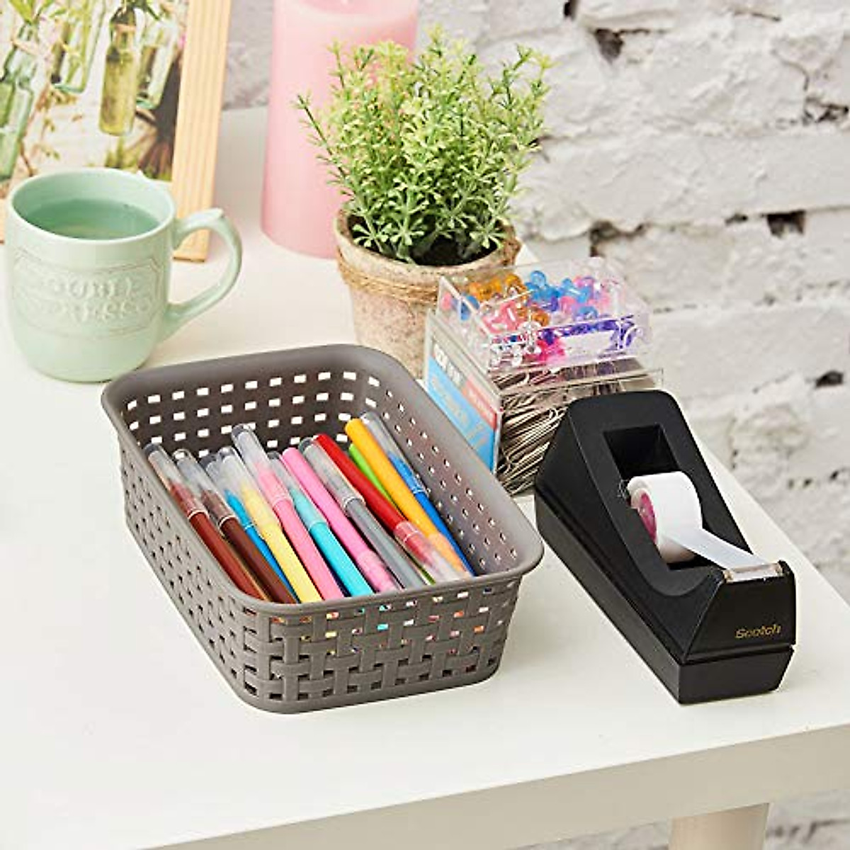 EZOWARE Gray Plastic Knit Storage Basket Trays, Desk Organizer Drawer Divider Bin for Kids Classroom, Baby Nursery Toys and More - Pack of 8 (7.7x5.3x2.4 Inch)