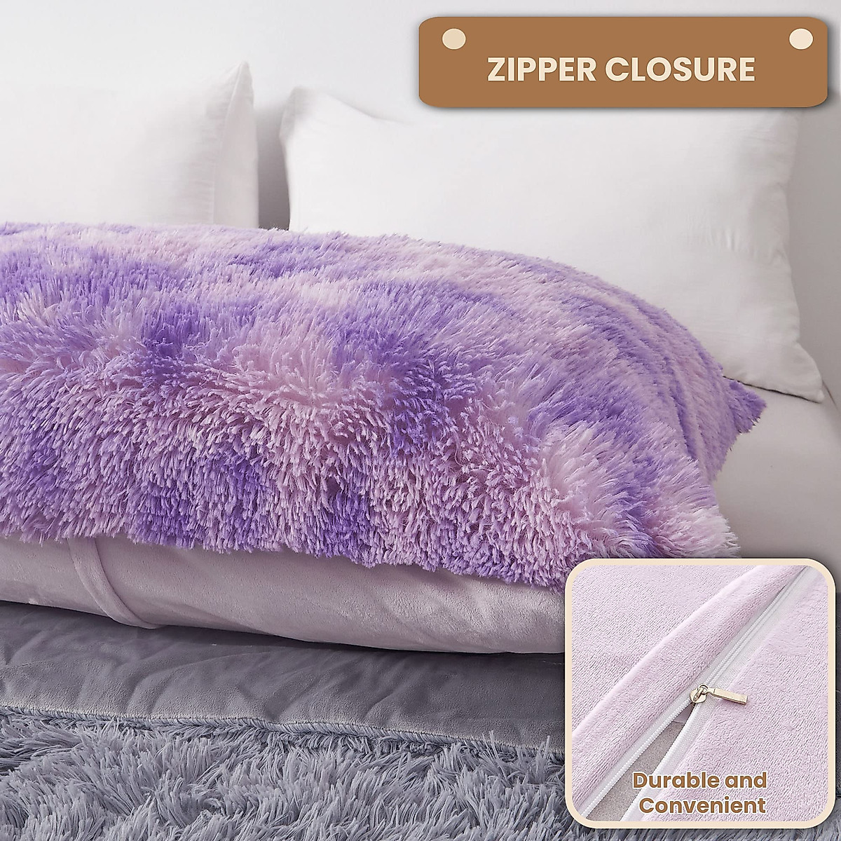 MEGO Tie Dye Print Fluffy Body Pillow Cover, 20x54 Shaggy Faux Fur Body Pillow Case, Light Purple Plush Fuzzy Body Pillowcase, Decorative Furry Long Bed Pillow with Zipper Hug Pillow Tie Dye Lavender