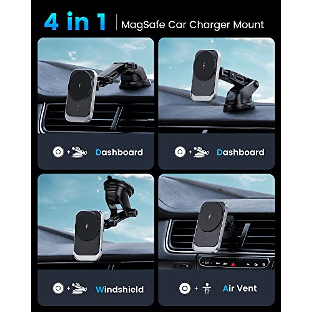 for MagSafe Car Charger Mount, Magnetic Car Wireless Charger for iPhone 14/13/12, 14/13/12 Pro, 14/13/12 Pro Max, 14 Plus, 13/12 Mini, Air Vent Dashboard Car Charging Holder(with QC 3.0 Car Charger)