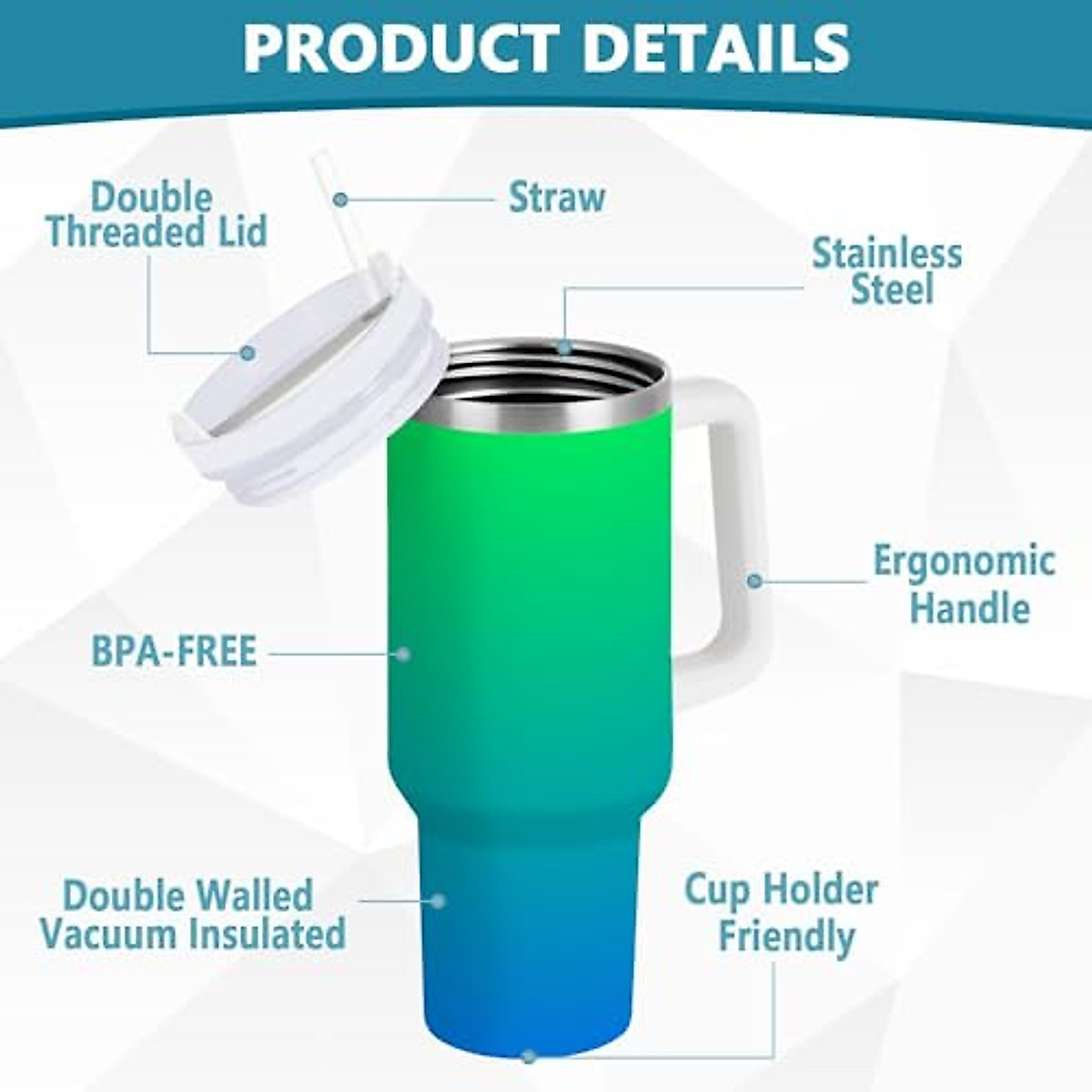 MCHIVER Green Blue Gradient 30 oz Tumbler with Handle and Straw Stainless Steel Vacuum Water Bottle Leak-proof Travel Coffee Mug Insulated Cup for Office Home Car