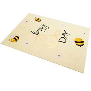 Birthday Card - Single Happy Bee Day Birthday Greeting Card For Bee Themed Party - Gold Foil Bees and Lettering on Yellow Textured Paper with Kraft Envelope - 5" x 7" - Blank Inside