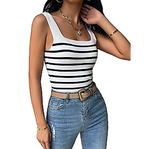 SOLY HUX Women's Square Neck Tank Top Basic Ribbed Knit Cami Casual Sleeveless Slim Fit Tops White XS