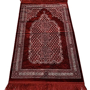 Modefa Turkish Islamic Prayer Rug - Soft & Comfortable Prayer Mat - Muslim Janamaz Sajada - Plush Velvet Praying Carpet for Men and Women - Ramadan or Eid Gift - Geometric Floral Ipek (Red)