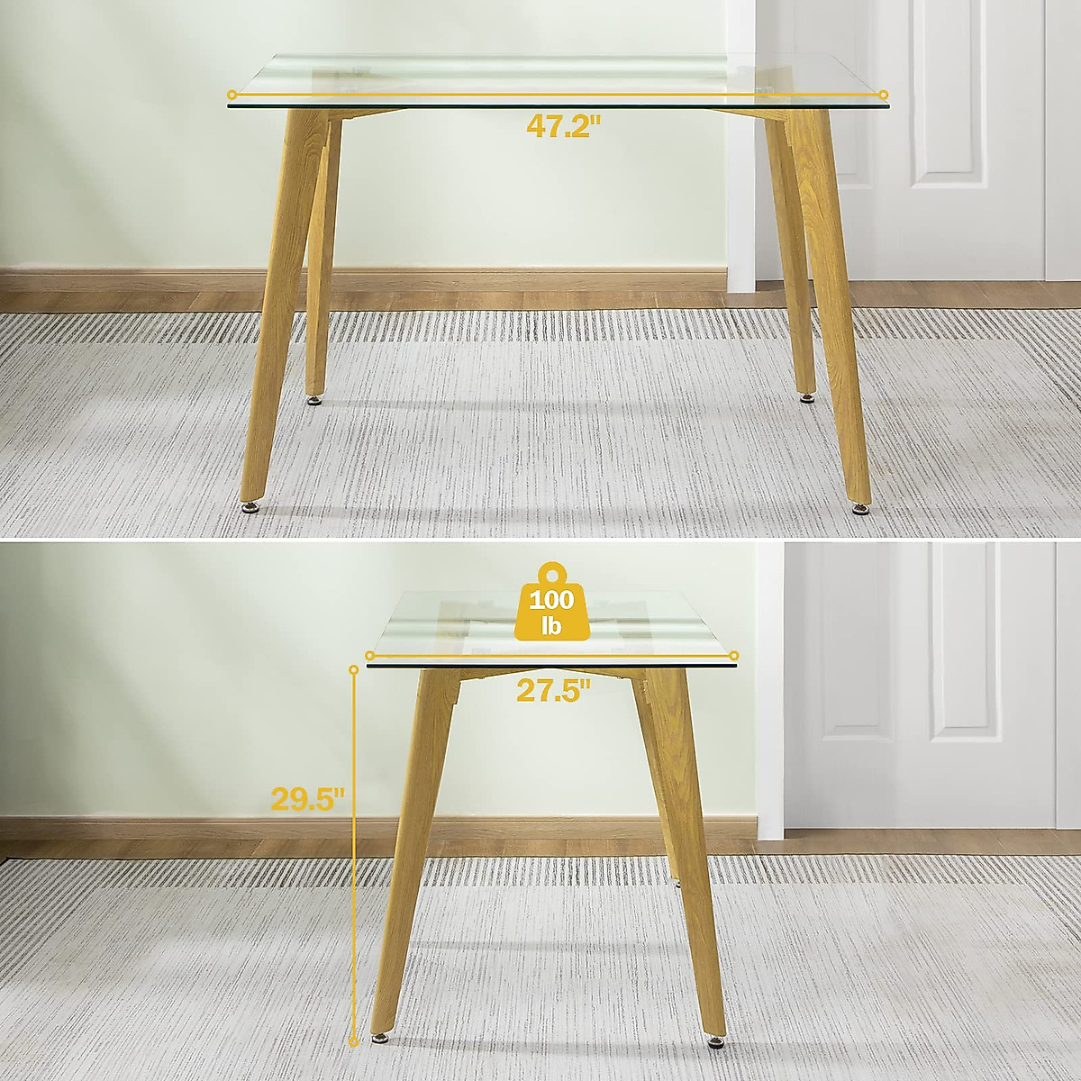 Bacyion Glass Dining Table - 47 Inch Kitchen Table for 2 or 4, Modern Rectangle Dinner Tables with Metal Legs, Wood Skin, Small Dining Room Table for Apartment or Small Spaces,Easy Assembly, Natural