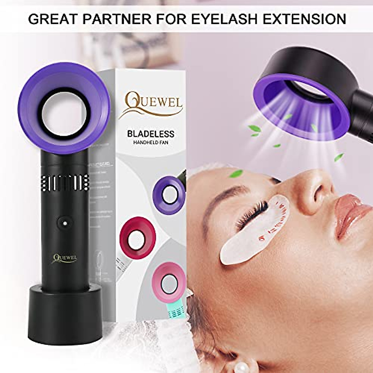 QUEWEL Eyelash Fan for Lash Extension Bladeless Fan Handheld Lash Extension Fan Dryer Mini Fan Air Conditioning Blower Eyelash Extension Supplies Drying Lash Glue (Purple)