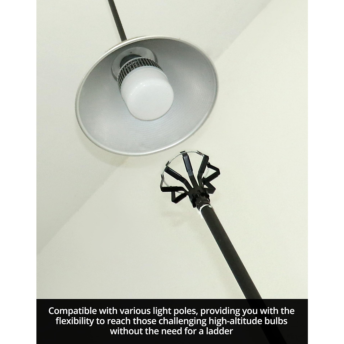 QWORK Professional Light Bulb Changer Kit - 3 Piece Set - Extension Pole Compatible, for High Ceiling Incandescent Bulbs with Standard, Floodlight & Recessed Changer, Secure Bulb Replacement Tool