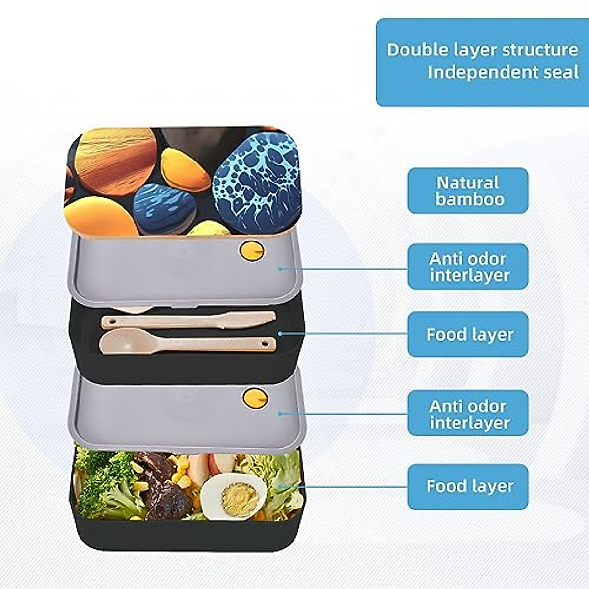 Yellow Pebbles Adult Lunch Box, Bento Box, With Cutlery Set Of 3, 2 Compartments, Rectangular, Lunch Box For Adults