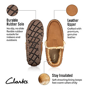 Clarks Mens Suede Venetian Moccasin Slipper A345001 - Warm Plush Faux Fur Lining - Indoor Outdoor House Slippers For Men (11 M US, Cinnamon)