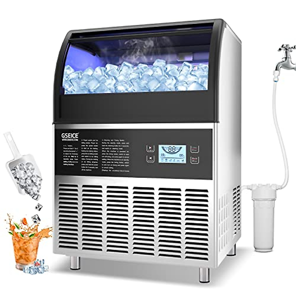 GSEICE Commercial Ice Maker Machine,440lbs/24H with 80lbs Ice Storage Capacity, 24” Air Cooled Freestanding Ice Machine, Automatic Operation Self Clean Ice Cube Maker for Home Office Bar Restaurant